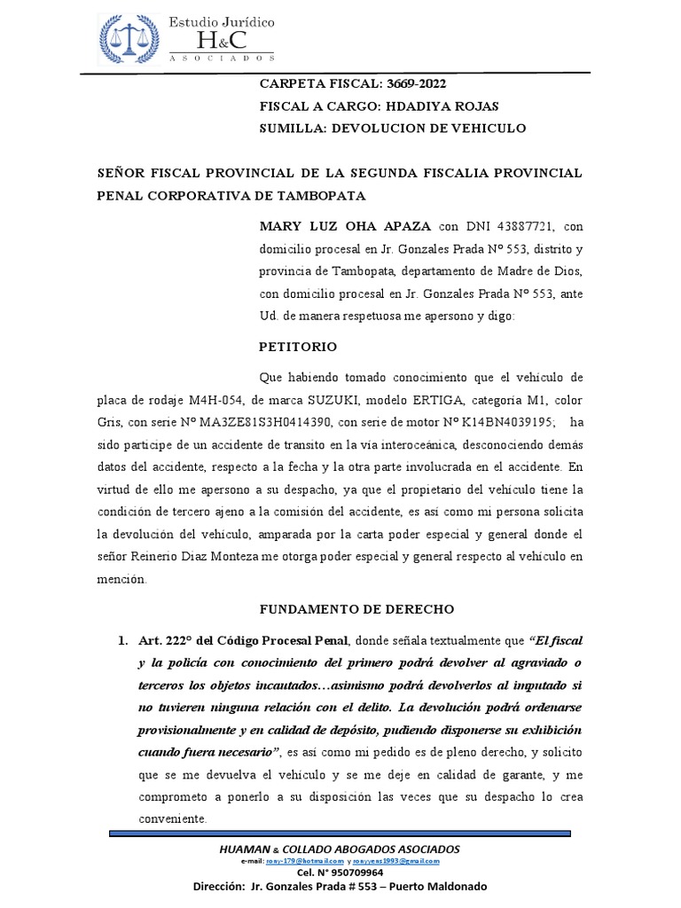 Devolucion de Vehiculo | PDF | Fiscal | Justicia penal