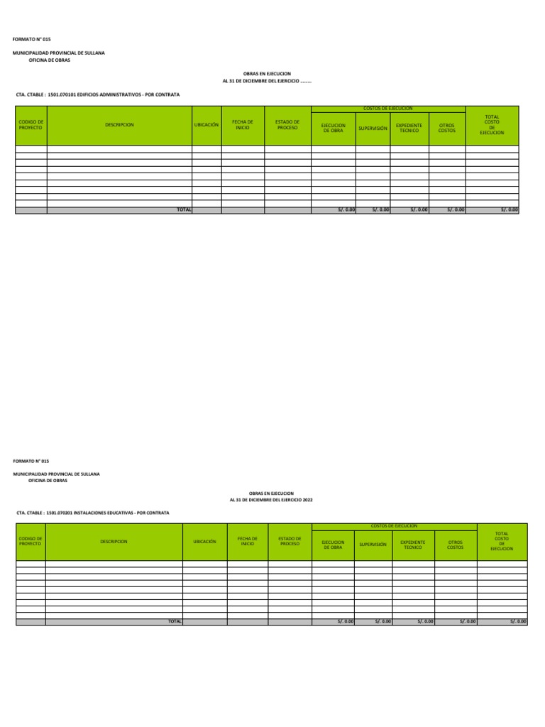 Formato #015 - OBRAS EN EJECUCION - EDIFICIOS - POR CONTRATA | PDF