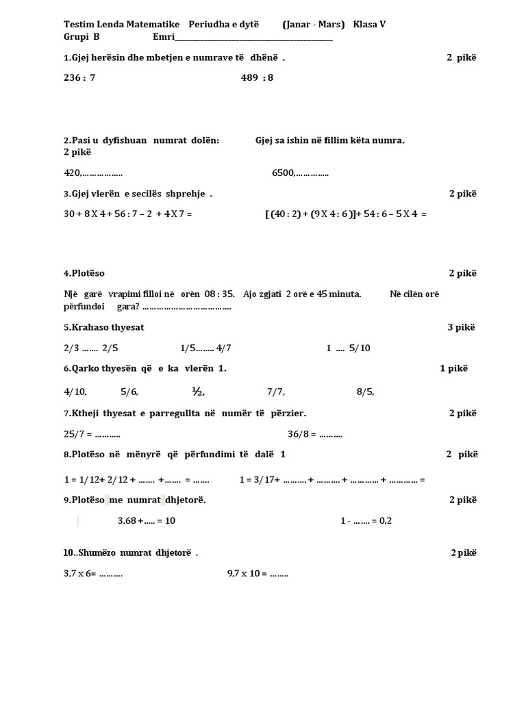 Testim Lenda Matematikeperiudha E Dytë Pdf