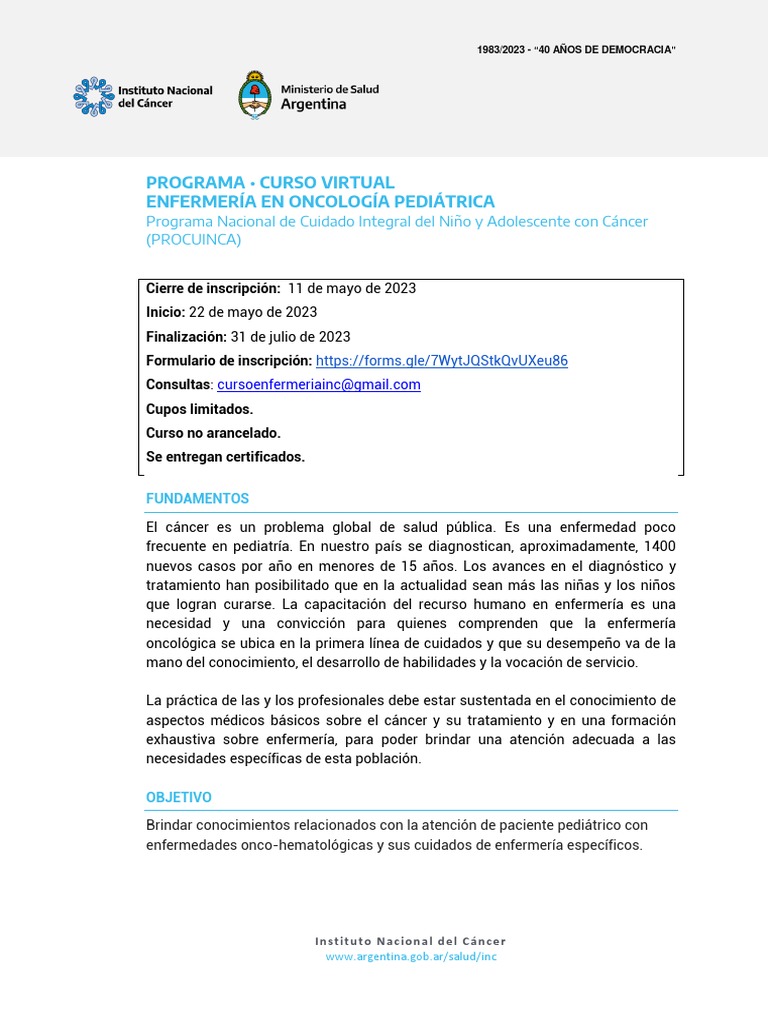 Programa Enfermeria en Oncologia Pediatrica 1ed 2023 PDF | PDF