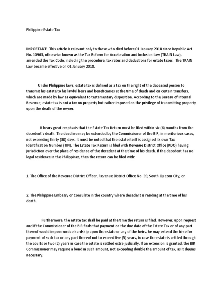 Philippine Estate Tax Guidelines Pre-2018 | PDF