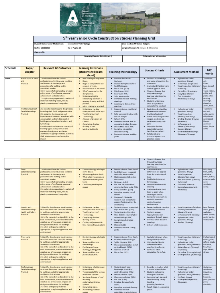Construction Studies Lesson Plan Grid | PDF