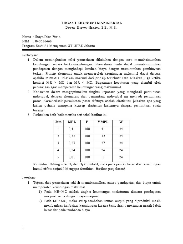 TUGAS 1 EKONOMI MANAJERIAL.docx | PDF