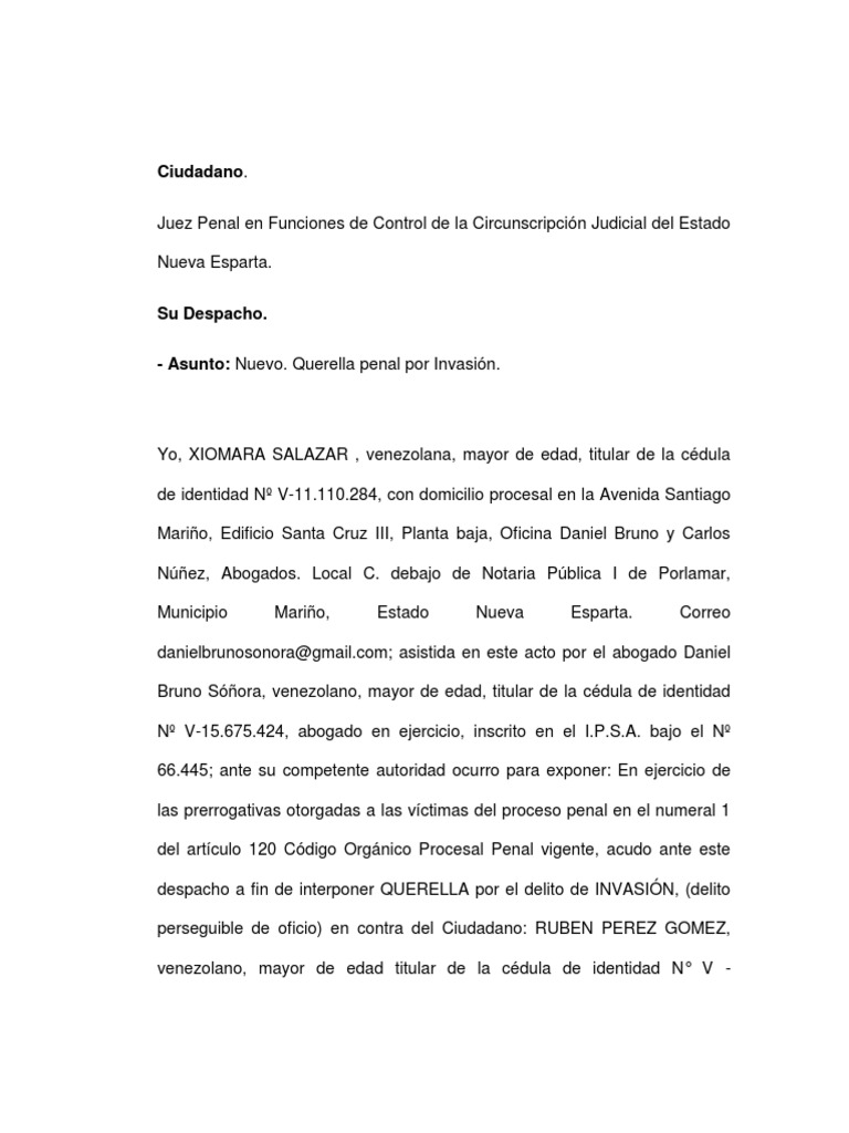 Modelo de Querella | PDF | Queja | Derecho penal