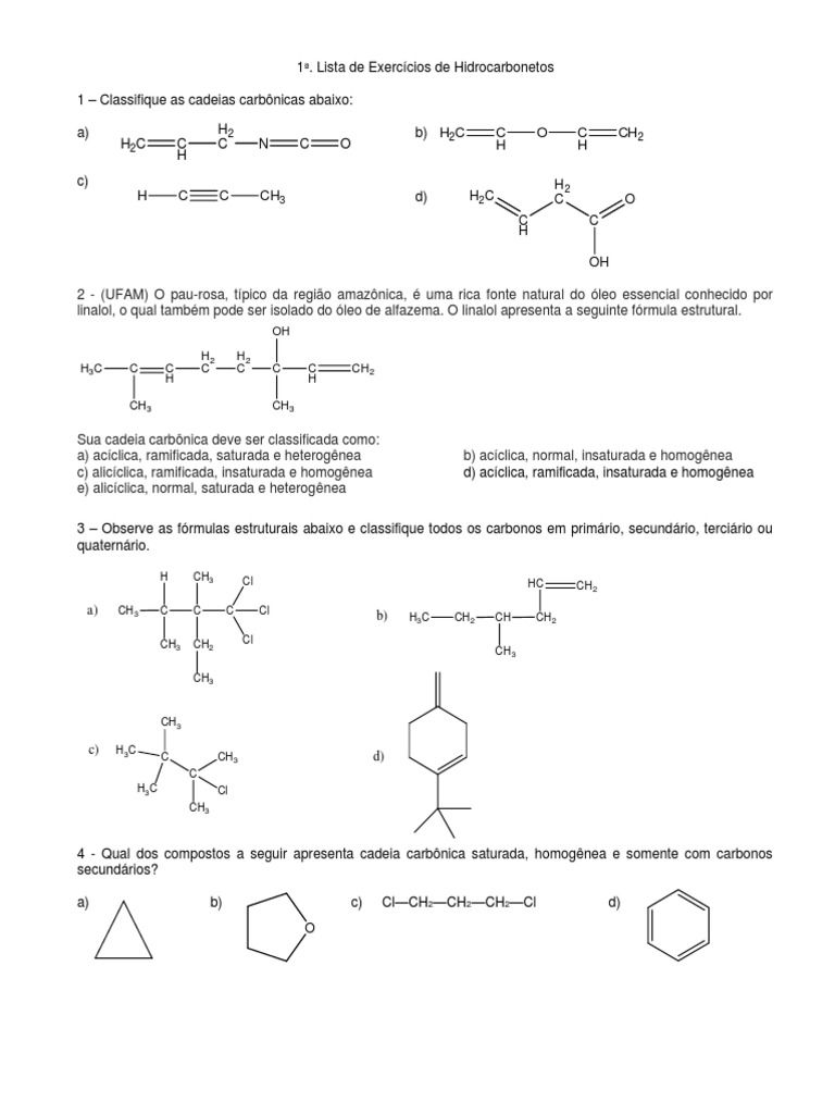 1a Lista de Exercícios de Hidrocarbonetos | PDF 1a Lista de Exercícios de Hidrocarbonetos | PDF
