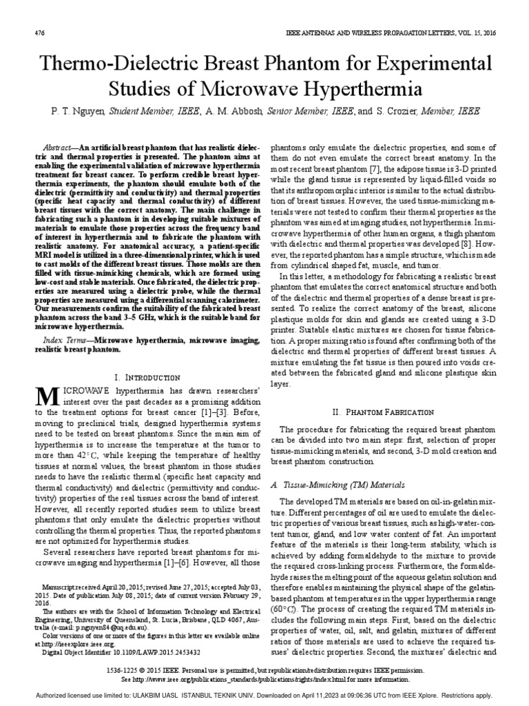 Thermo-Dielectric Breast Phantom For Experimental Studies of Microwave ...