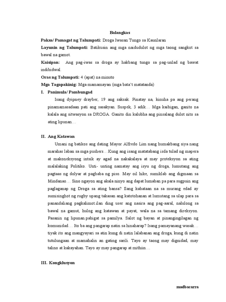 Halimbawa - Balangkas NG Talumpati | PDF