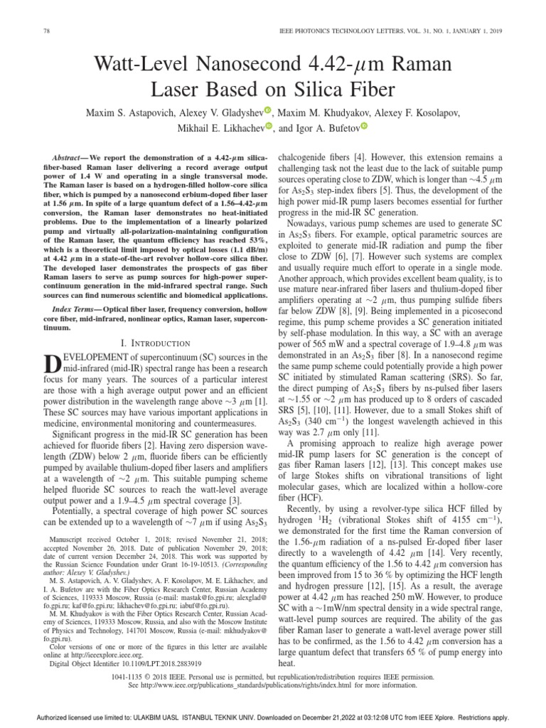 Watt-Level Nanosecond 4.42 - Mu M Raman Laser Based On Silica Fiber ...