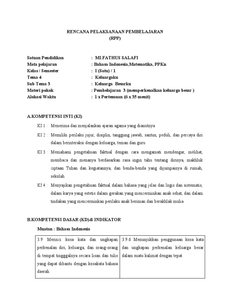 RPP Kelas 1 | PDF