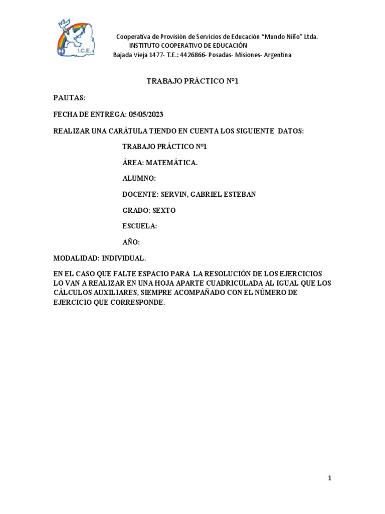 TRABAJO PRÃ - CTICO NÂ°1 (Primer Bimestre) Sexto | PDF