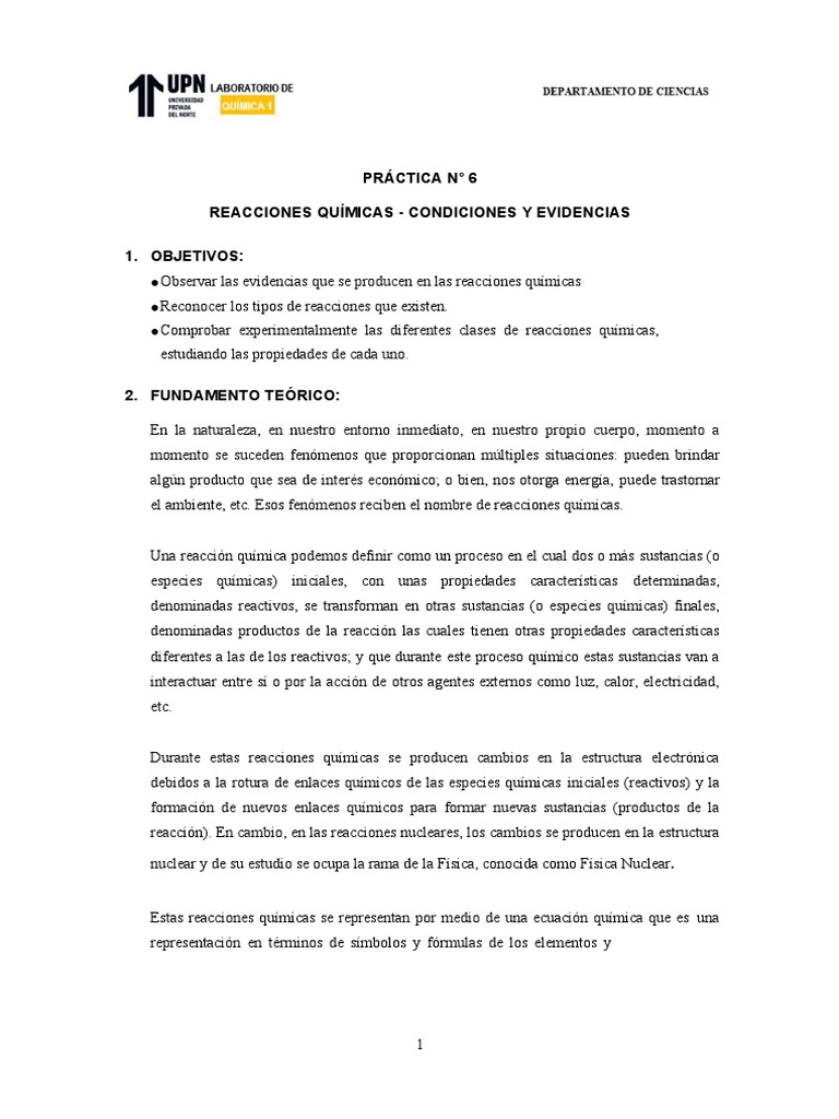SEM07 - PRÁCTICA #6 - GUÍA REACCIONES QUÍMICAS (1) (1) Presentacion | PDF | Química | Redox