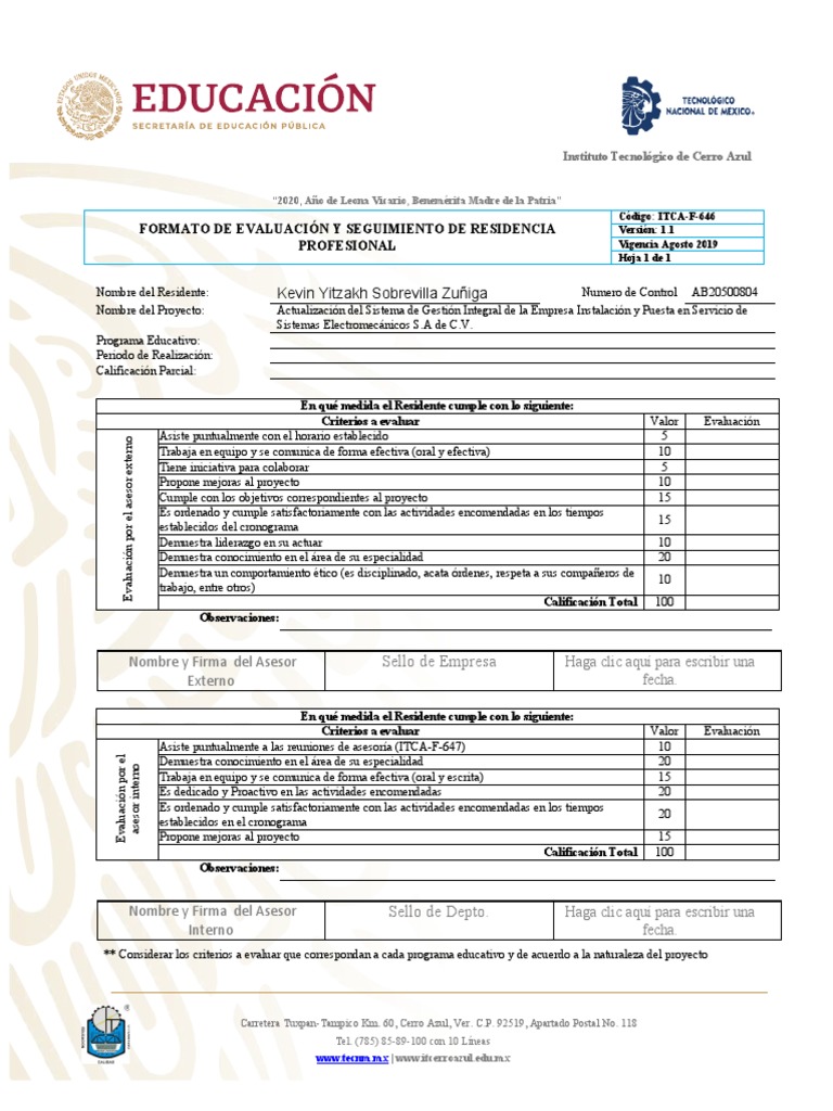 Itca-F-646 Formato de Evaluaci - N y Seguimiento de Residencia Profesional | PDF