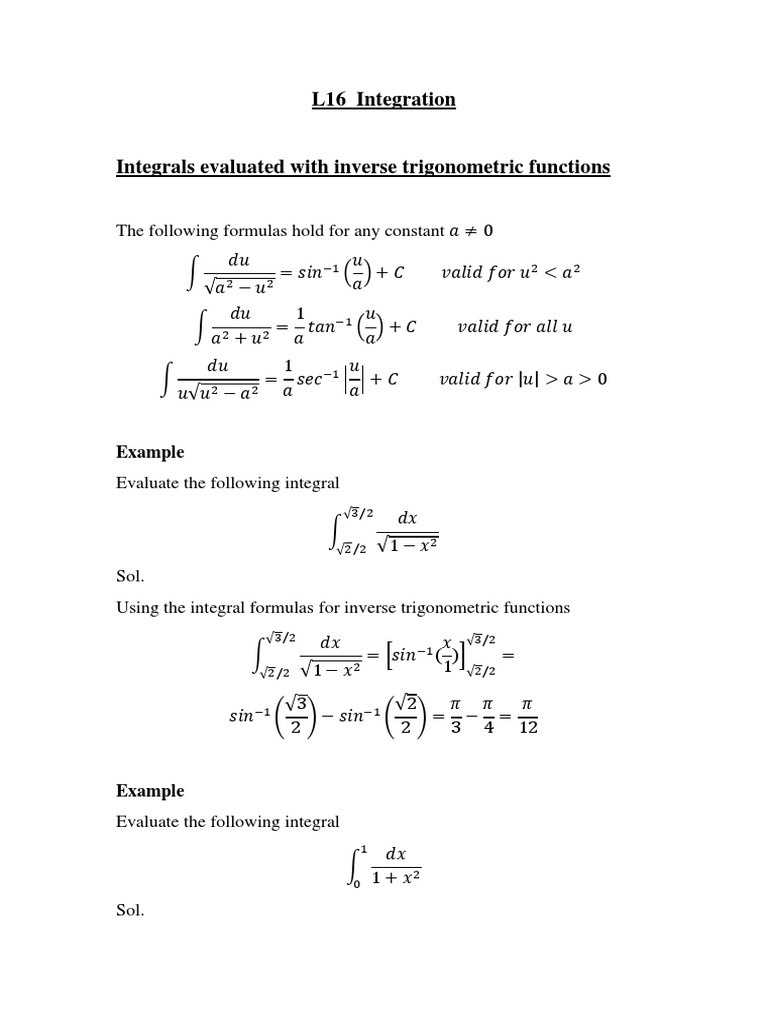 L16 Integrals evaluated with Inverse Trigonometric Functions | PDF ...