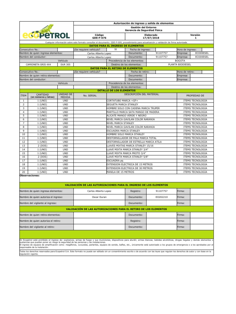 FORMATO DE INGRESO Y SALIDA DE HERRAMIENTAS (Version 2) | PDF