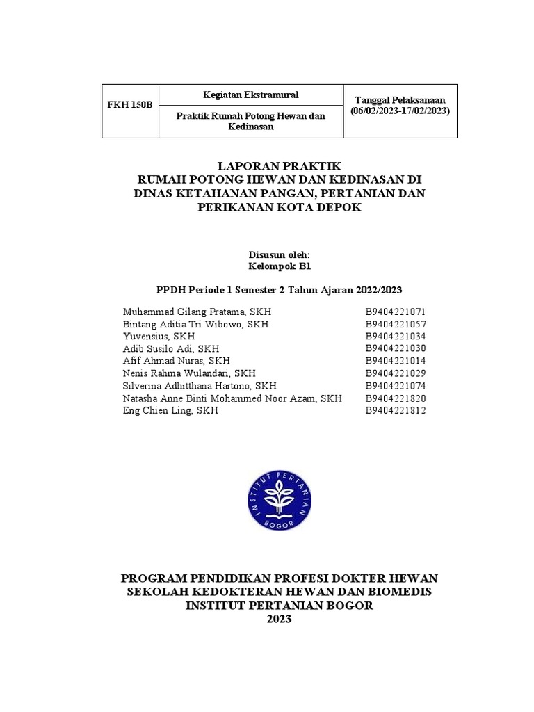 Laporan RPH Kelompok B1 PPDH IPB | PDF