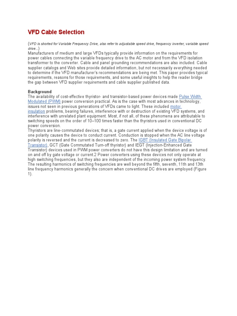 VFD Cable Selection | PDF | Power Inverter | Electric Motor