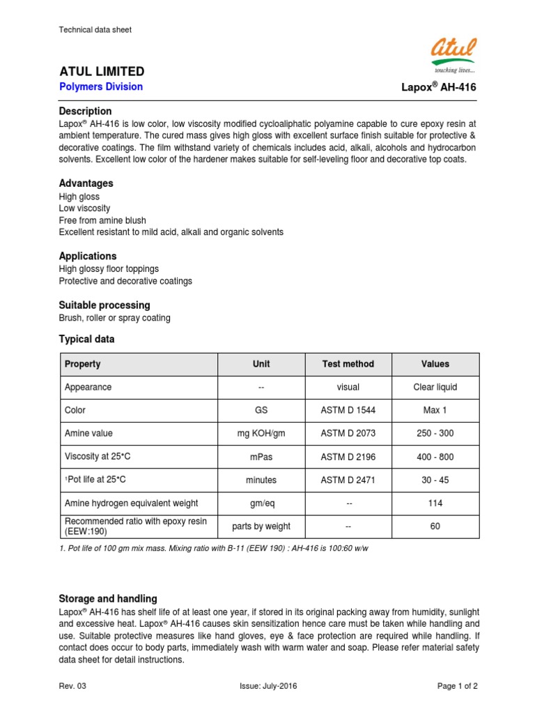 Lapox AH 416 | PDF | Epoxy | Materials