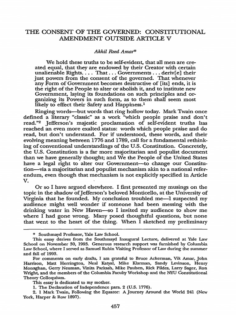 The Consent of The Governed Constitutional Amendment Outside Art. V ...