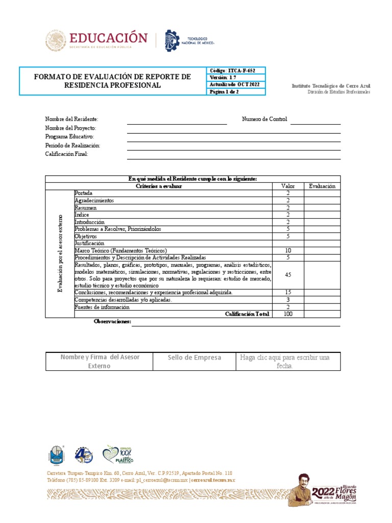 Itca-F-652 Formato de Evaluación de Reporte de Residencia Profesional | PDF