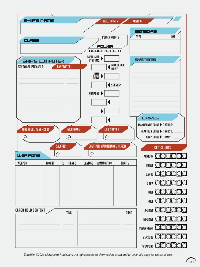 Traveller MGT2 Ship Record Fillable PDF | PDF