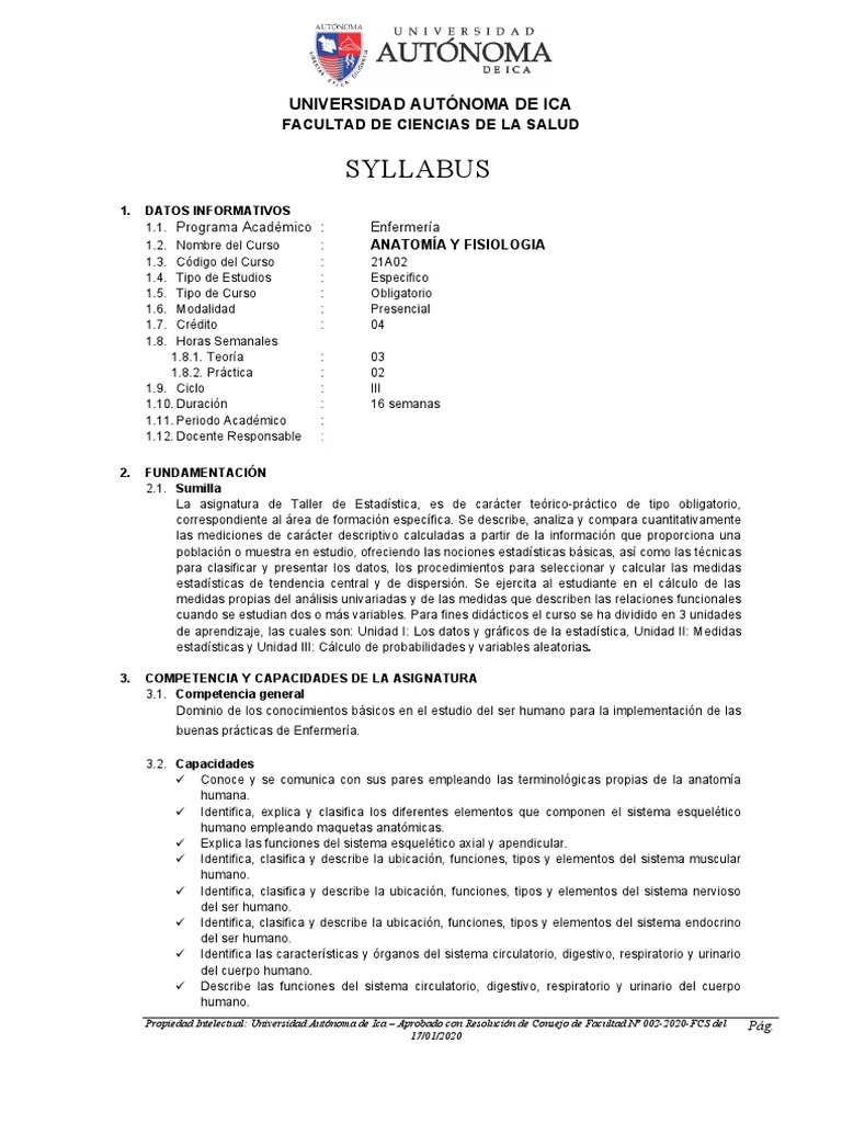 21a02 - Syllabus Anatomia y Fisiología - Enfermeria | PDF | Ciencia y ...