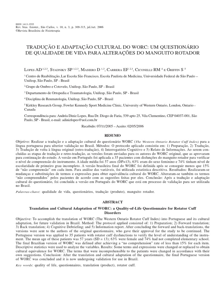 The Western Ontario Rotator Cuff Index - WORC | PDF