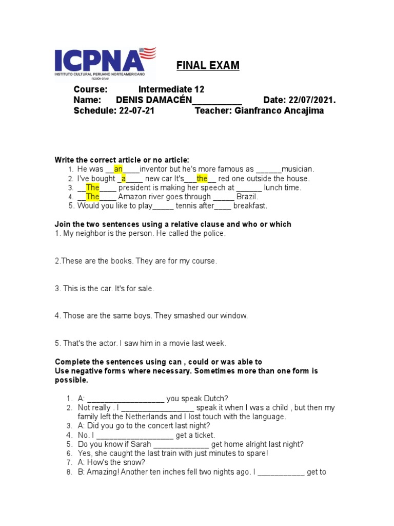 Intermediate 12 Exam | PDF