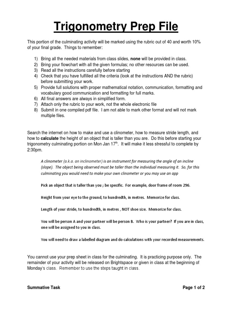 MPM2D1 Summative Trigonometry Prep File PDF | PDF