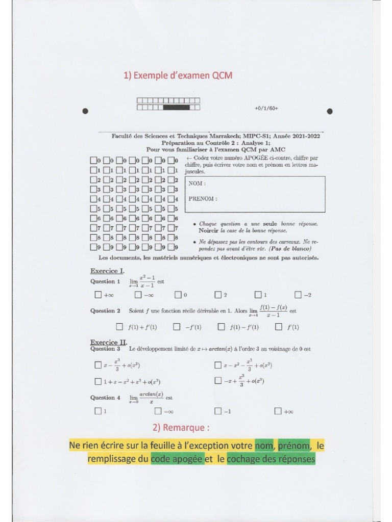 Exemple Analyse1 QCM Remplie | PDF
