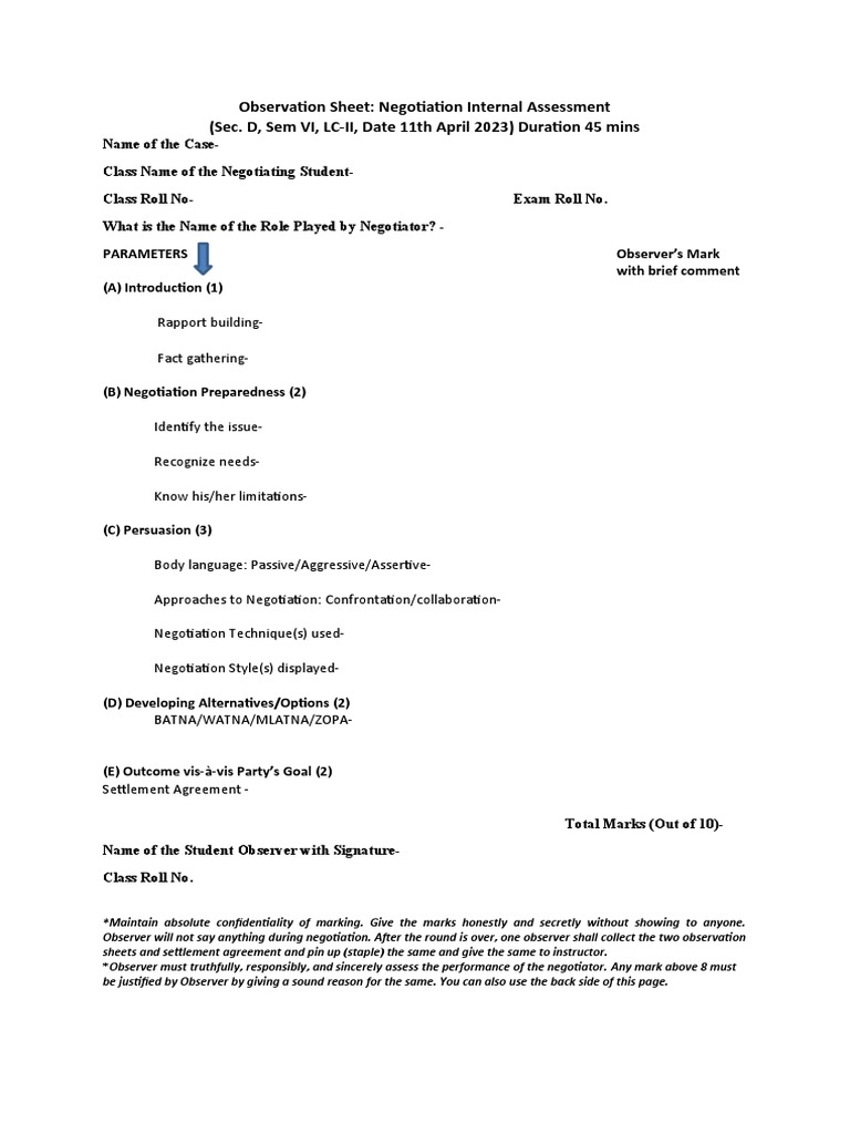 Observer Sheet - Negotiation 2023 - Sec D | PDF | Art | Computers