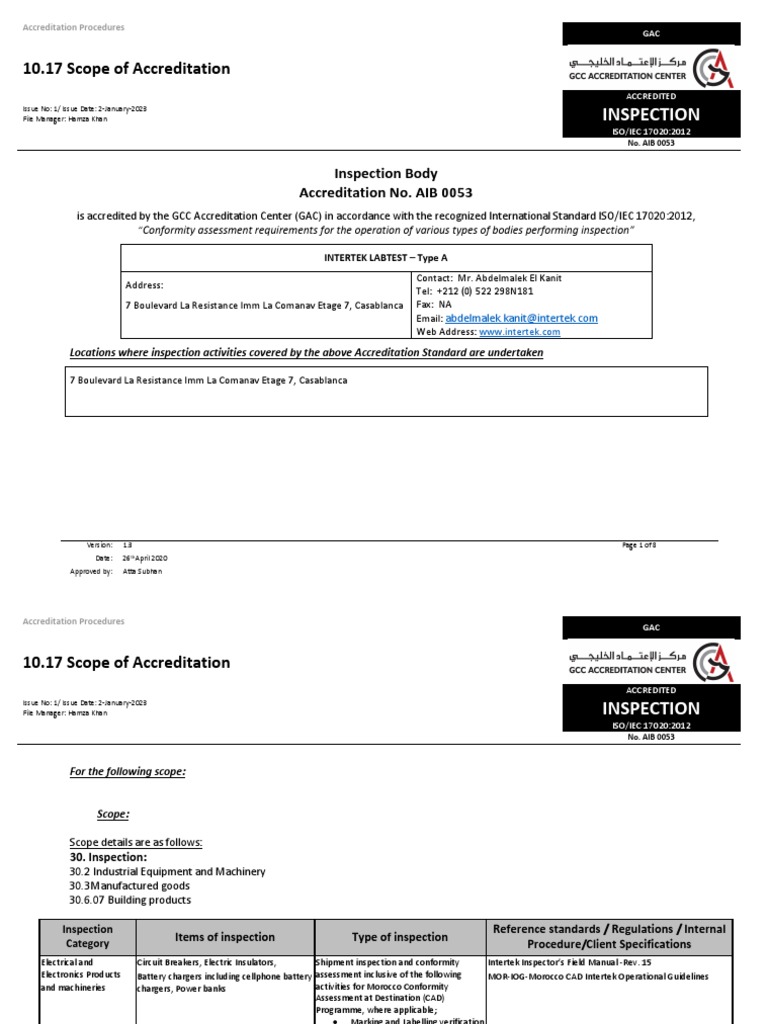 GAC ISO/IEC 17020 Accreditation Scope | PDF