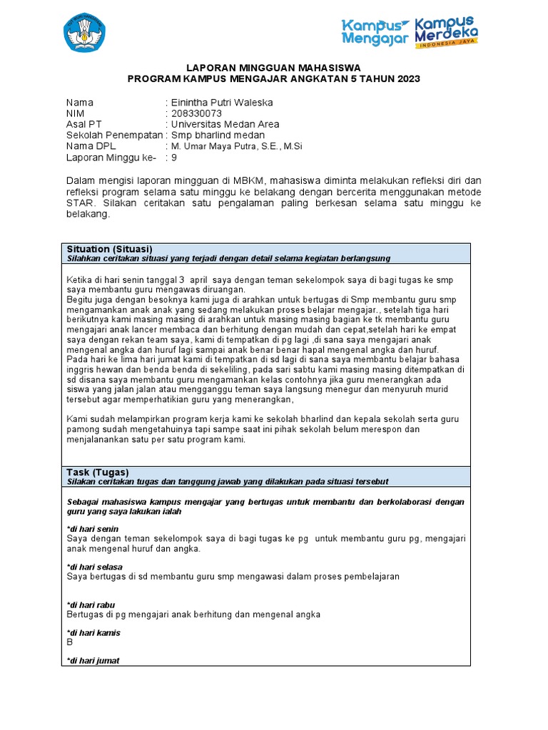 Laporan Mingguan Mahasiswa Mengajar 2023 | PDF | Kesehatan Holistik