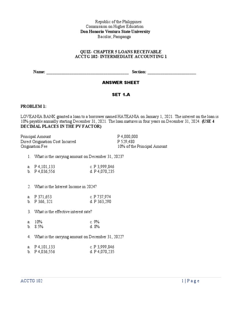 Answer Key - Quiz Loand Receivable | PDF