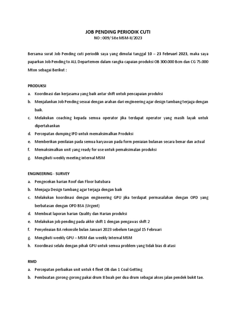 JOB PENDING PERIODIK CUTI 10-23 Februari 2023 | PDF