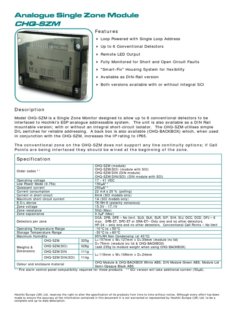 Hochiki CHQ-SZM Single Zone Module | PDF