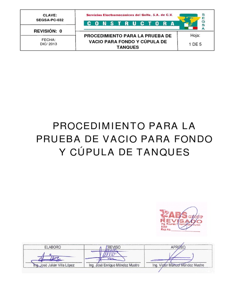 Segsa-Pc-032 Procedimiento para Prueba de Vacio para Fondo y Cupula de Tanques PDF | PDF