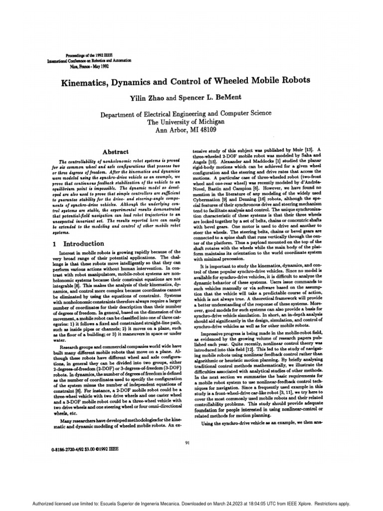 Kinematics Dynamics and Control of Wheeled Mobile Robots PDF | PDF