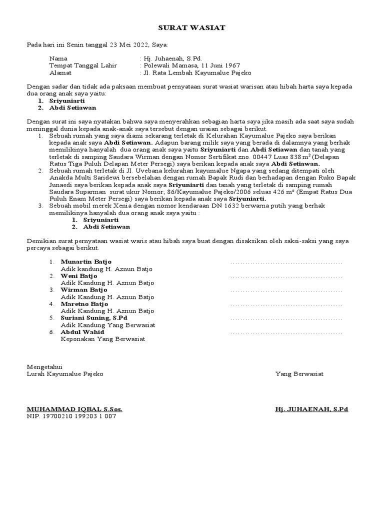 Contoh Surat Wasiat Warisan Anak | PDF | Hukum