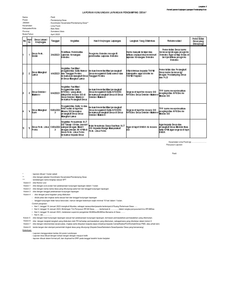 LAPORAN KUNJUNGAN LAPANGAN PENDAMPING DESA | PDF