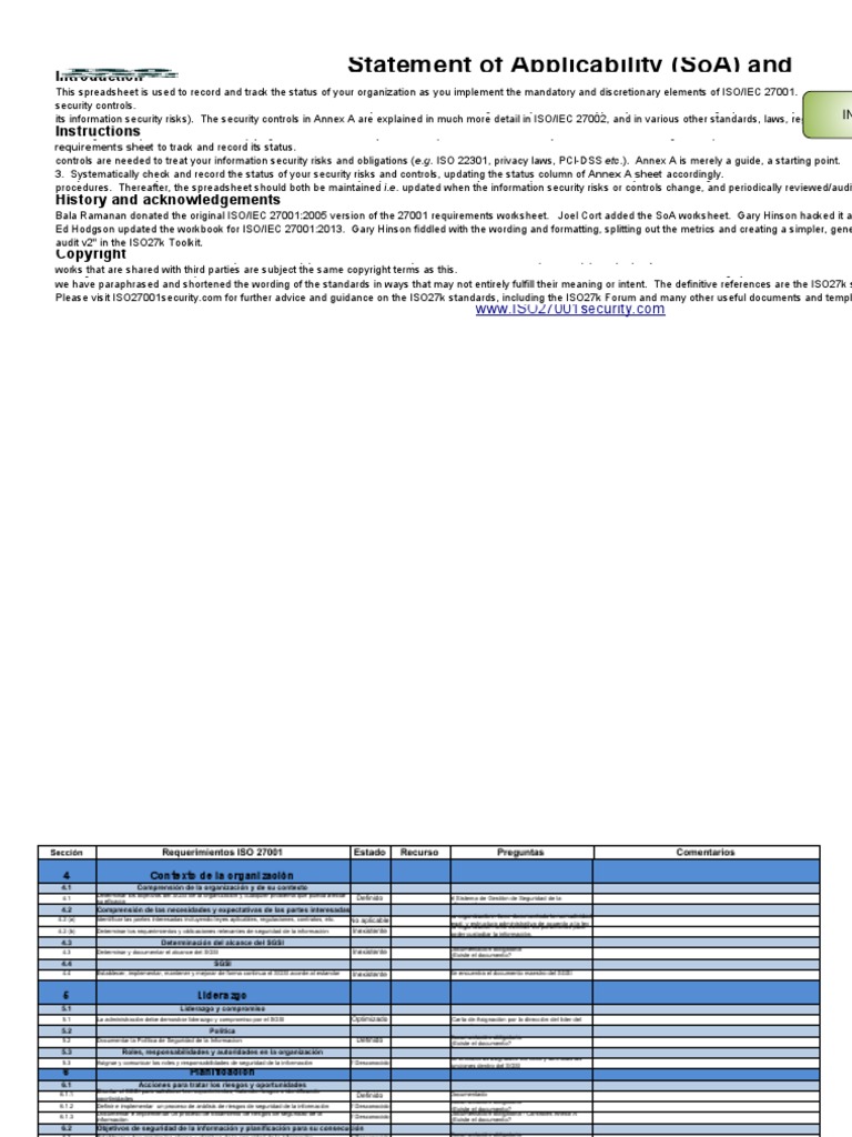 ISO27k ISMS and Controls Status With SoA and Gaps Spanish | PDF