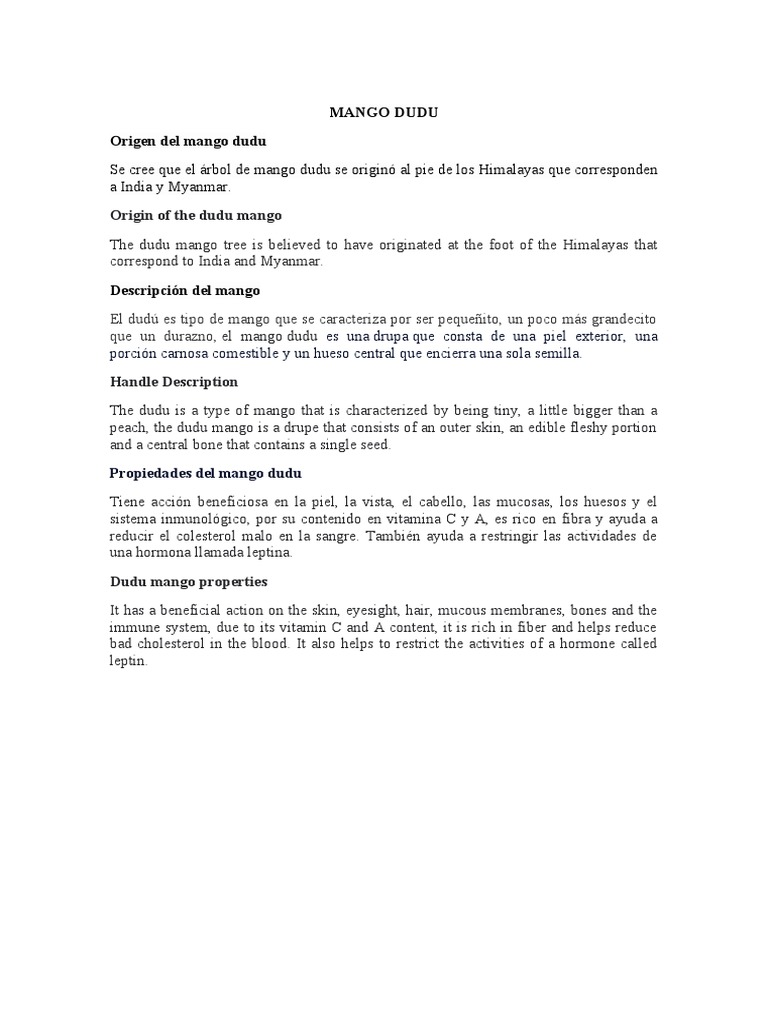 Origen y Beneficios del Mango Dudu | PDF | Mango | Ingredientes de comida