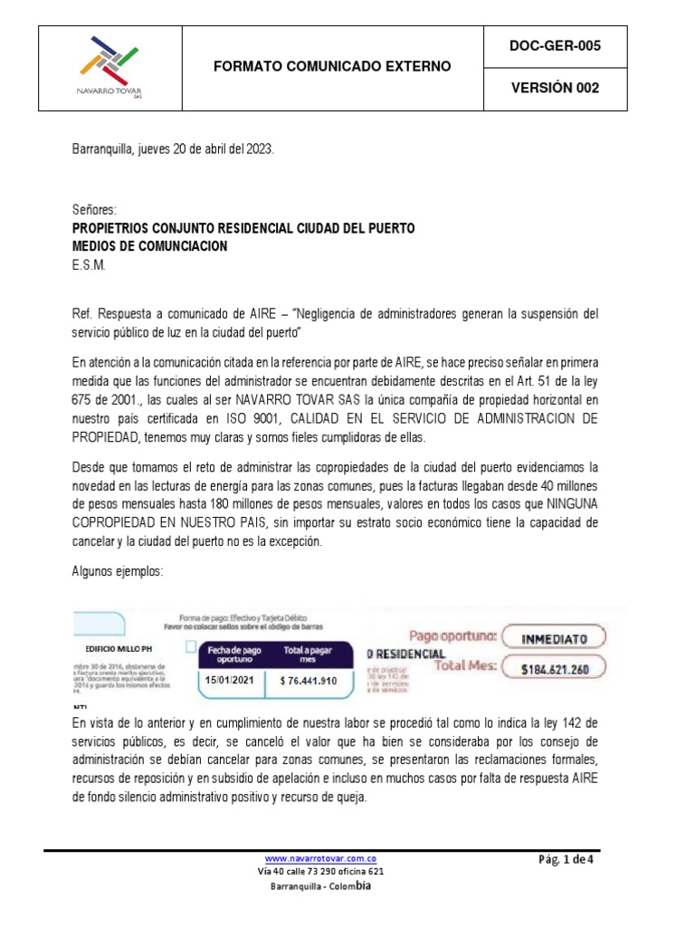 Comunicado Externo - Respuesta Comunicado General PDF | PDF | Condominio