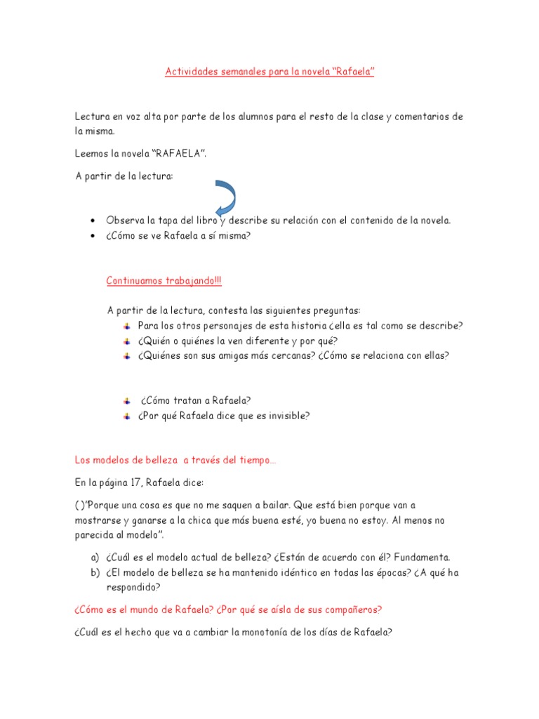 Actividades Semanales para La Novela Rafaela | PDF