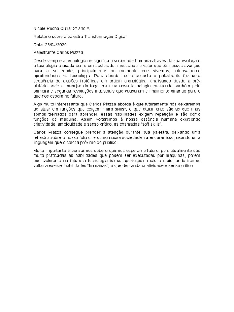 Cps 3ºA Relatório Carlos Piazza Nicole | PDF