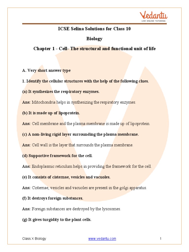 Selina Concise Biology Class 10 ICSE Solutions For Chapter 1 - Cell ...
