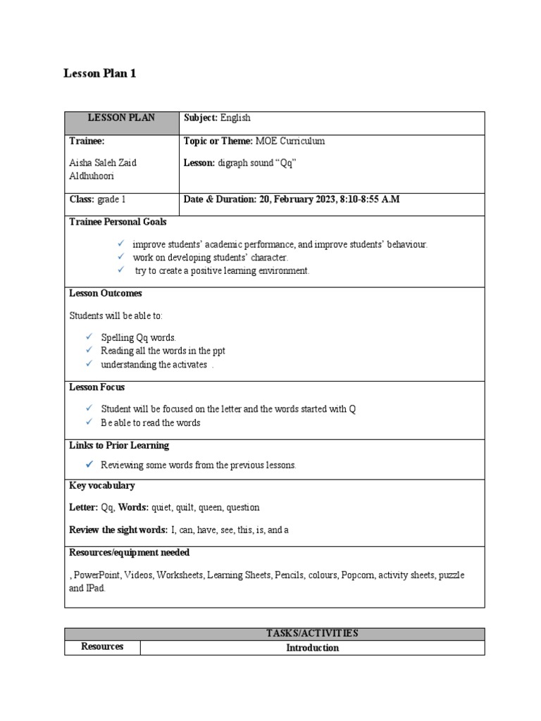 Lesson Plan QQ | PDF | Lesson Plan | Learning