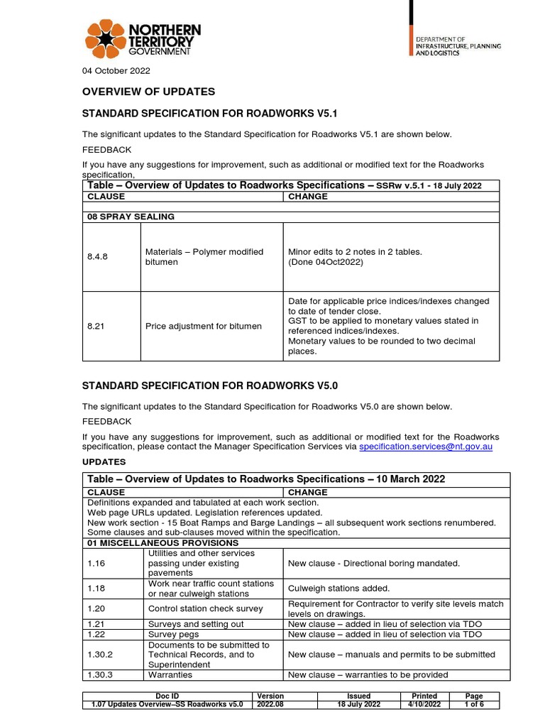 Update Overview Roadworks v5 1 PDF | PDF | Asphalt | Road Surface