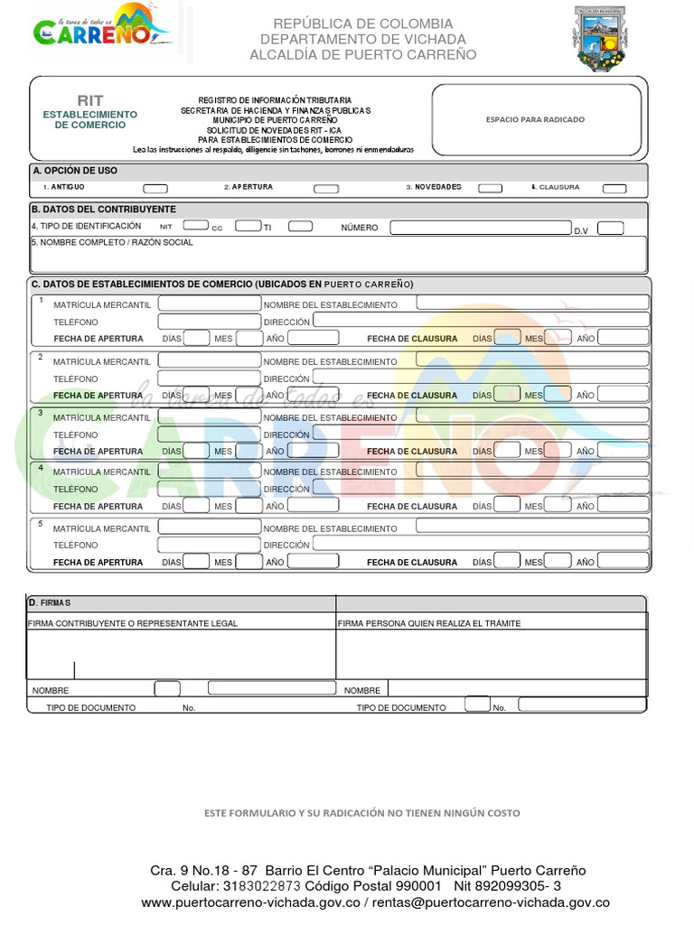 FORMATO RIT ESTABLECIMIENTOS DE COMERCIO PCR | PDF