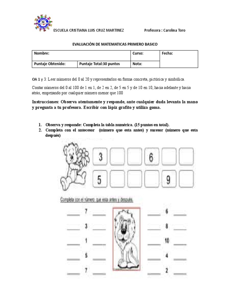 Evaluaciòn de Matematicas Primero y Segundo Basico | PDF