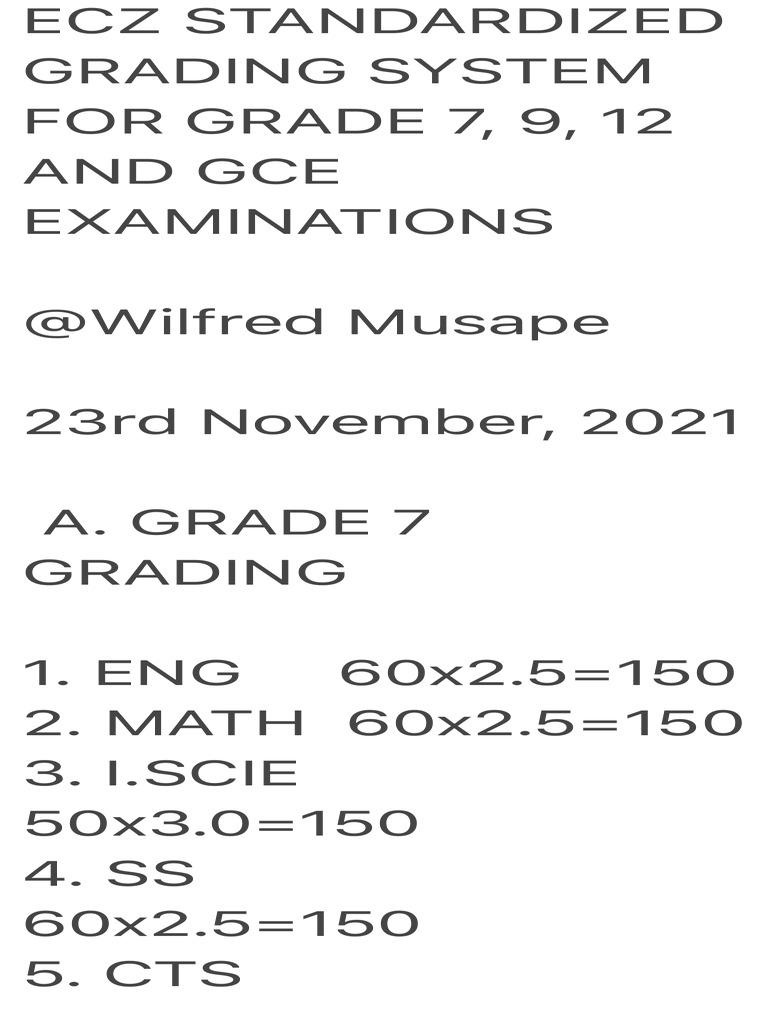 Ecz Standardized Grading System For Grade 7, 9, 12 and Gce Examinations ...